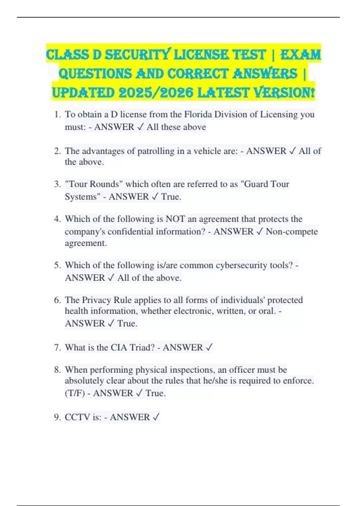 CLASS D Security License Test | Exam Questions and Correct Answers ...