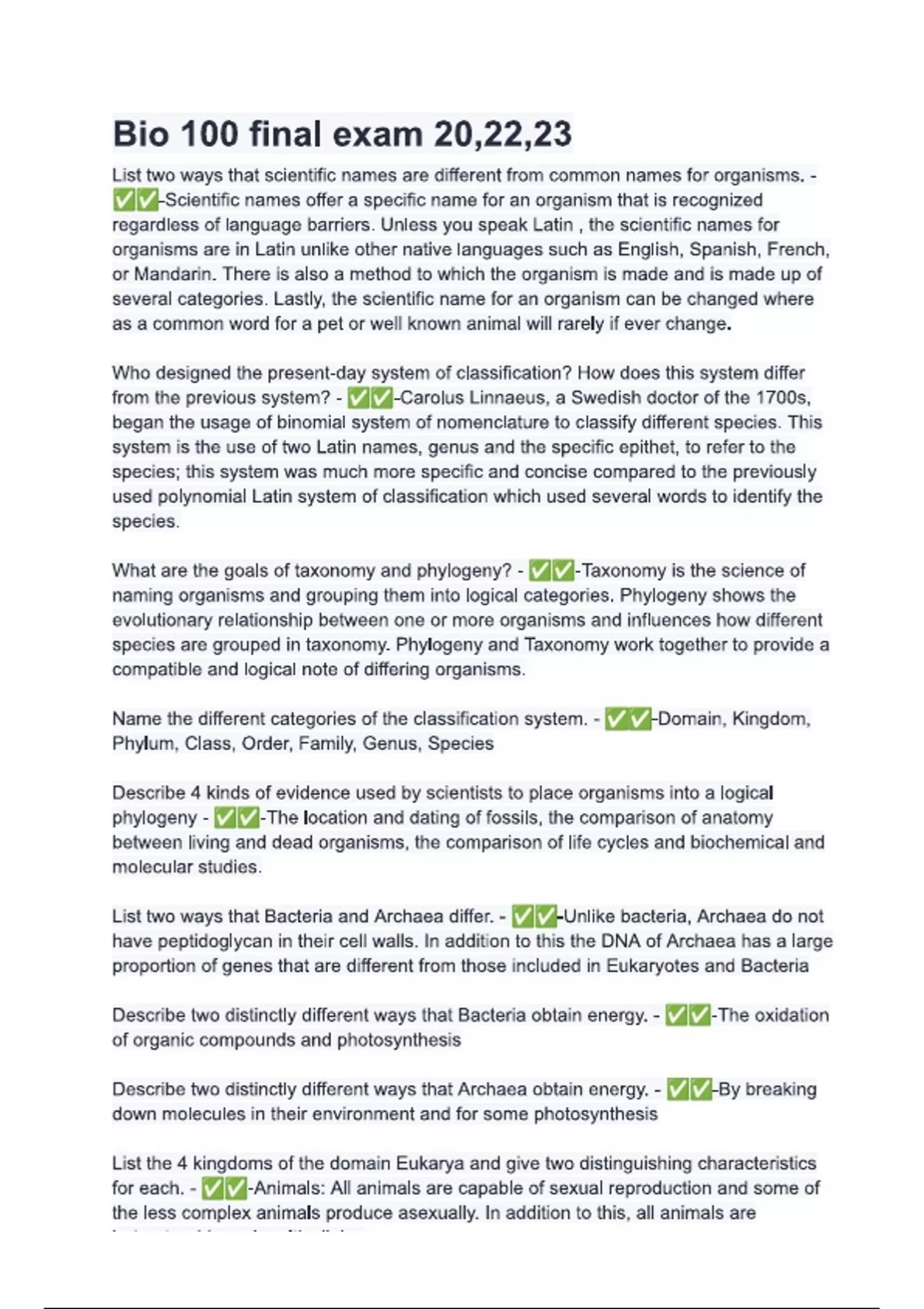 Bio 100 final exam 20,22,23 Review Questions and Answers Solved 100- Correct - BIO - Stuvia US