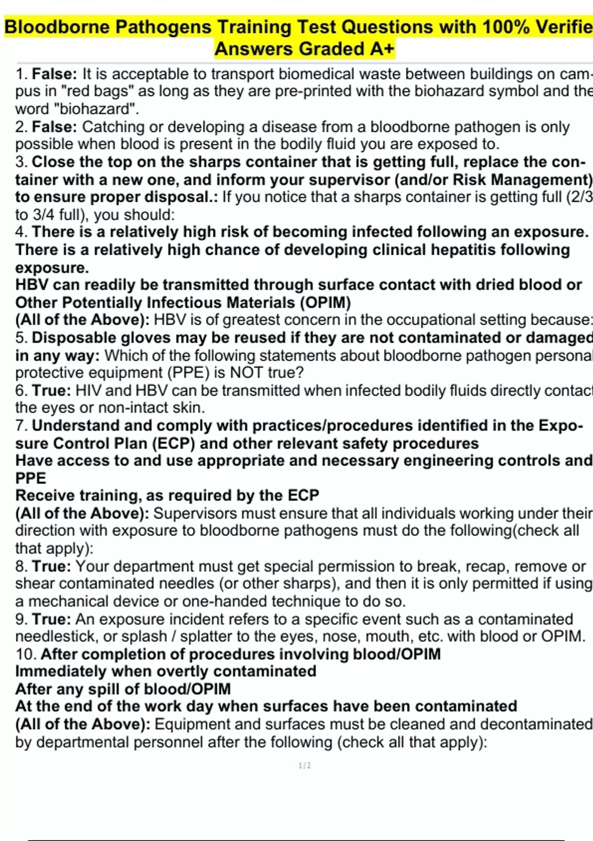 Bloodborne Pathogens Training Test Questions with 100% Verified Answers ...