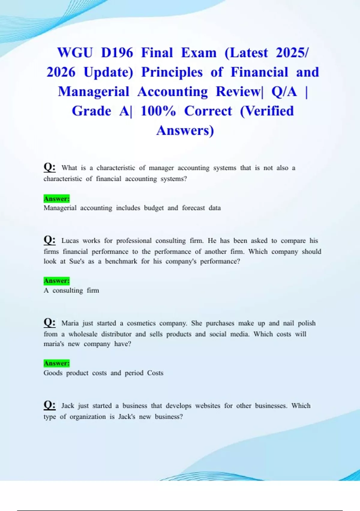 WGU D196 Final Exam (Latest 2025/ 2026 Update) Principles of Financial ...