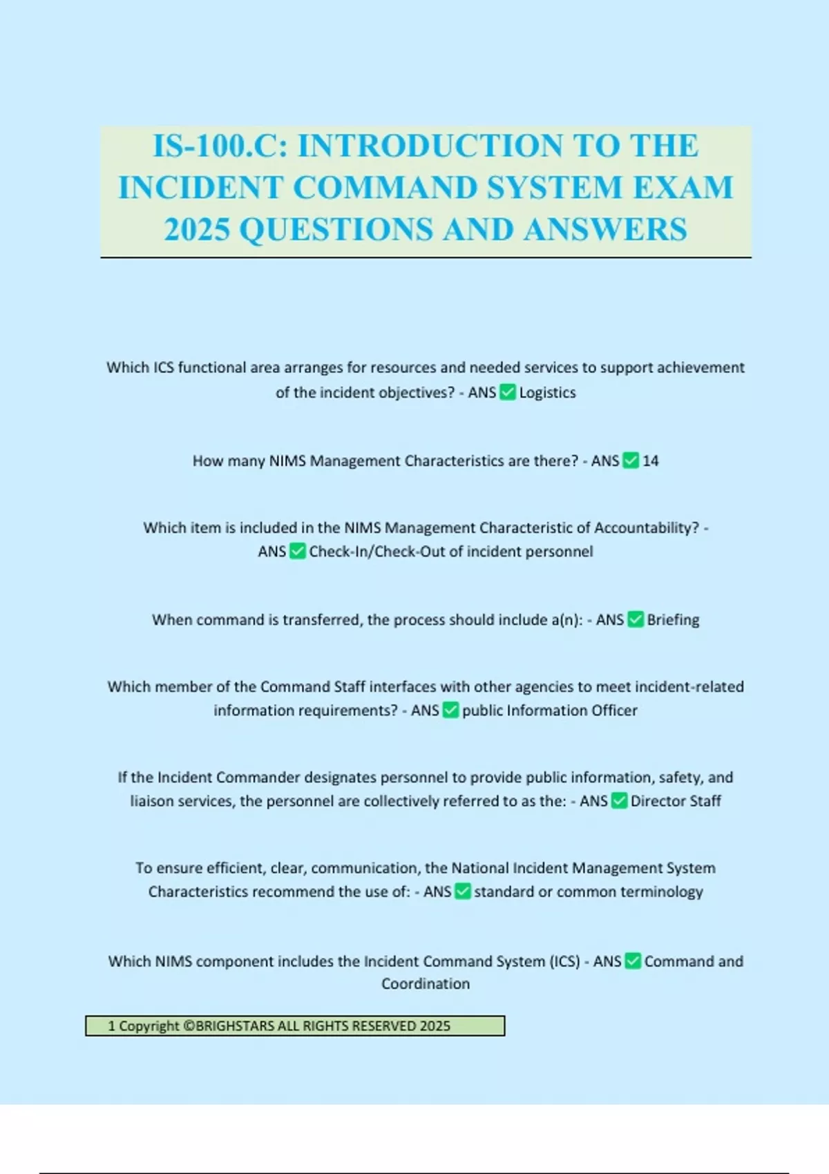 IS-100.C: INTRODUCTION TO THE INCIDENT COMMAND SYSTEM EXAM 2025 ...