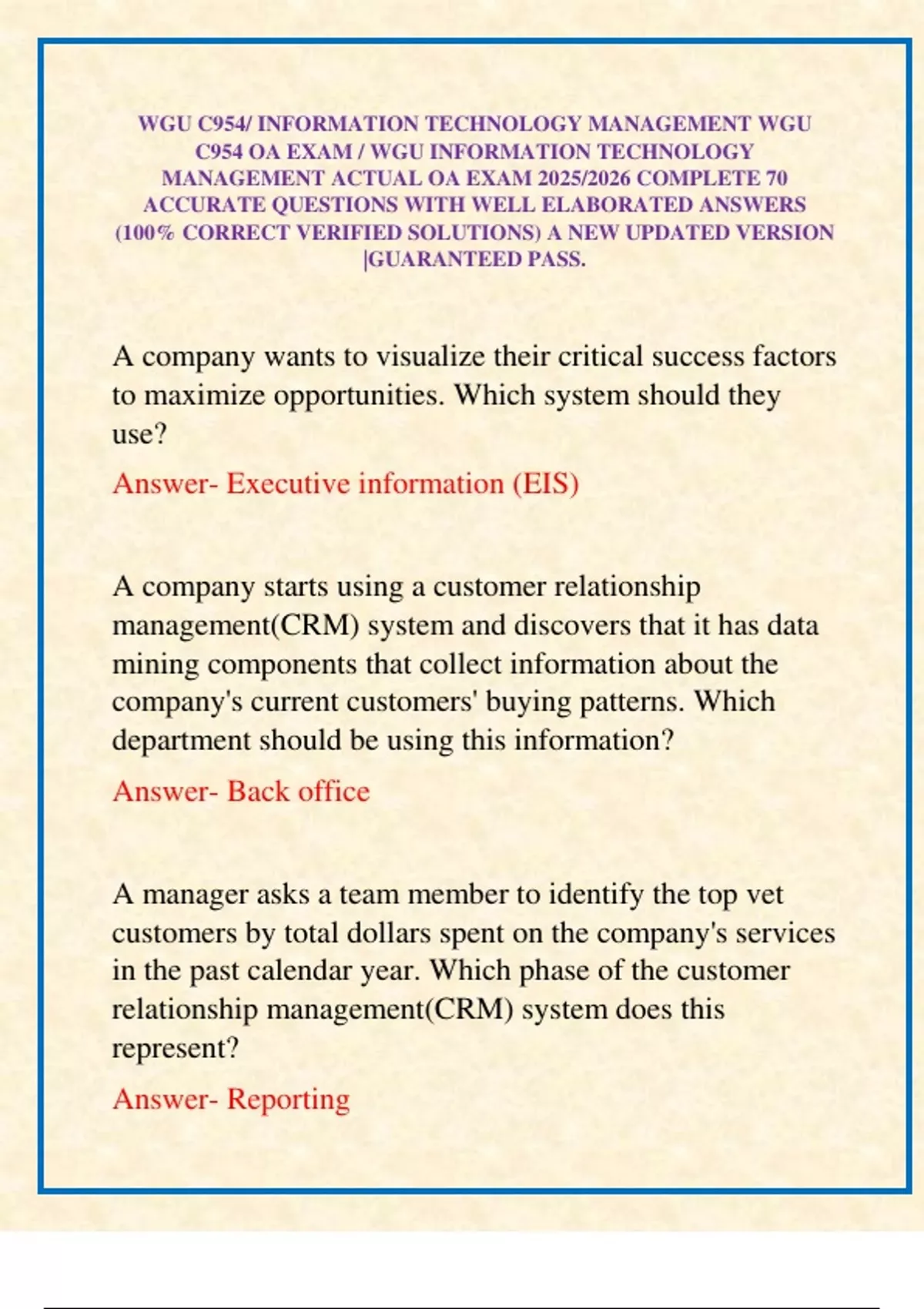 WGU C954/ INFORMATION TECHNOLOGY MANAGEMENT WGU C954 OA EXAM / WGU ...