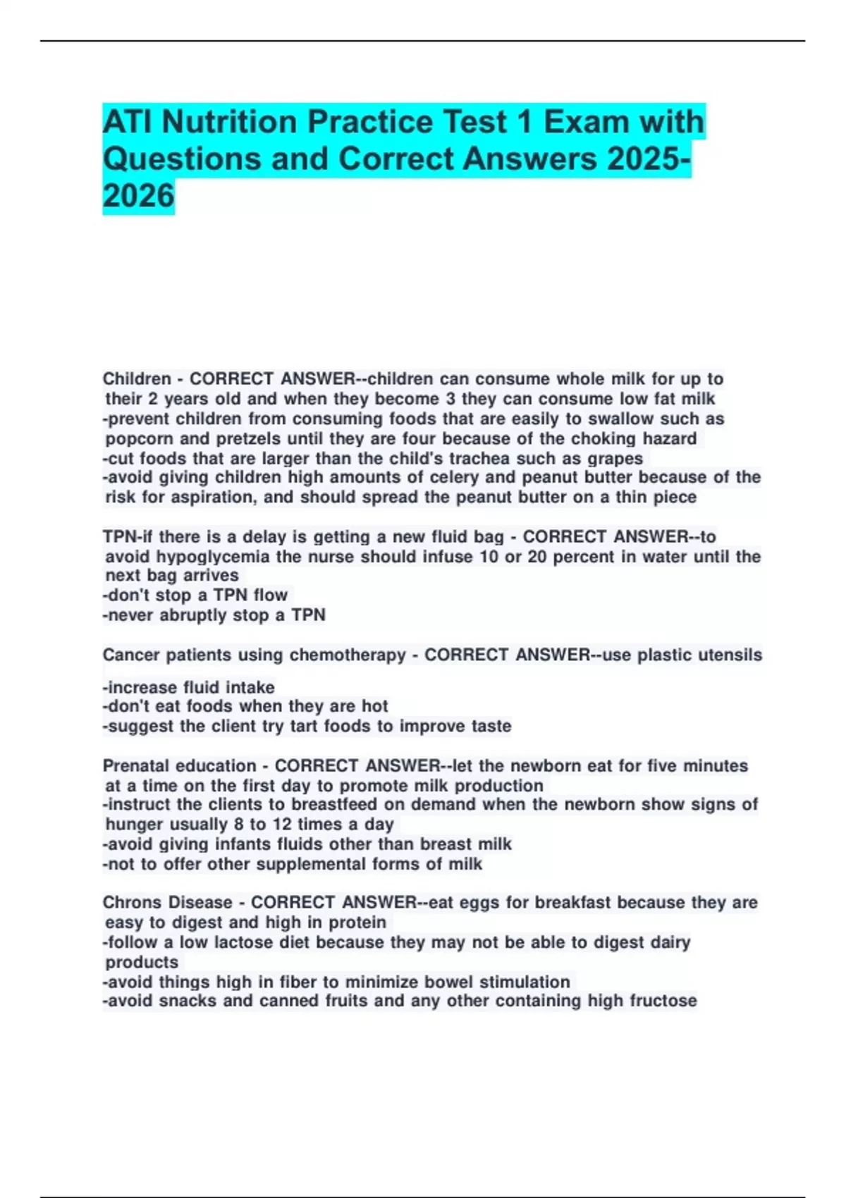 ATI Nutrition Practice Test 1 Exam with Questions and Correct Answers ...