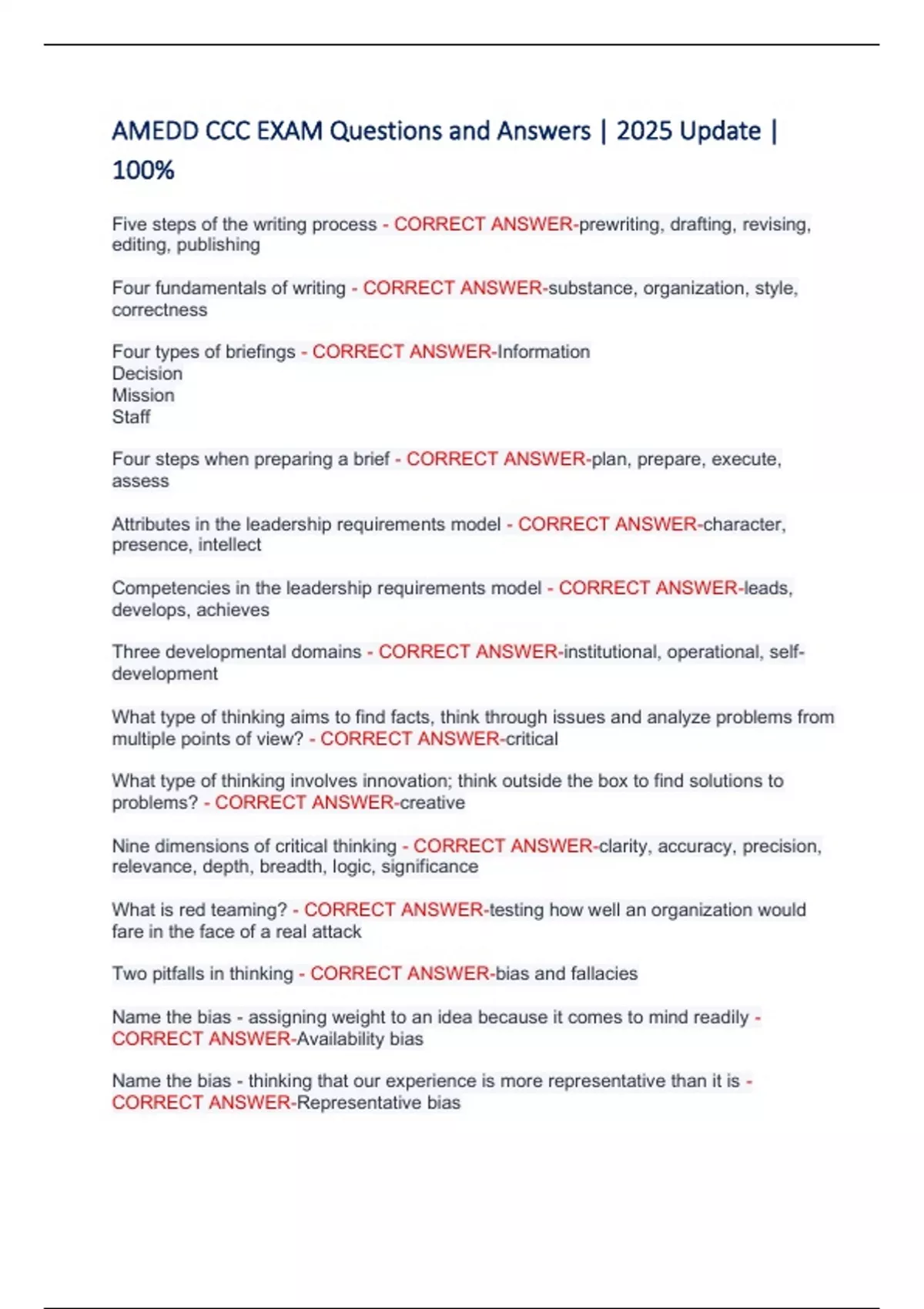 AMEDD CCC EXAM Questions and Answers | 2025 Update | 100% CORRECT ...