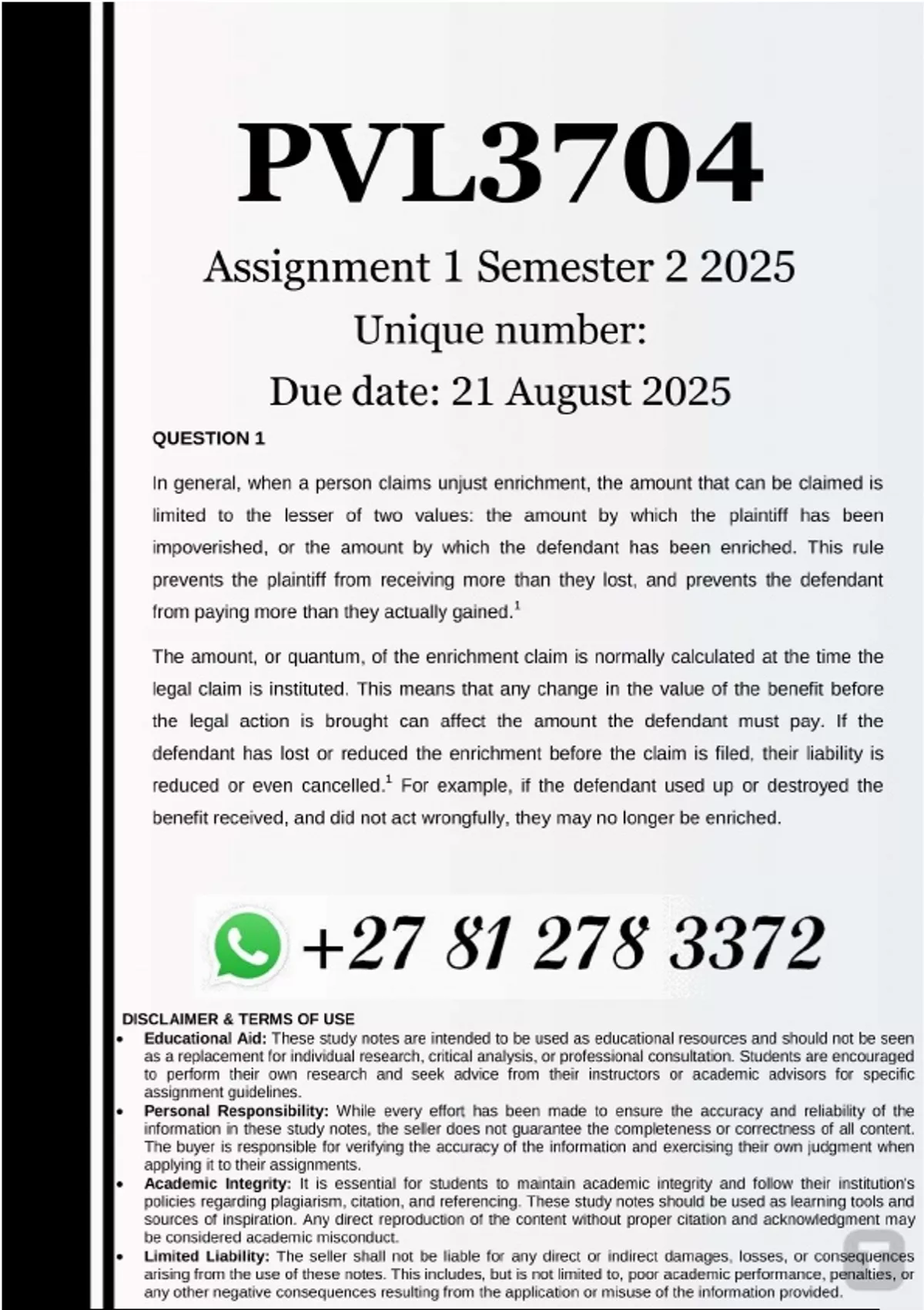 PVL3704 Assignment 1 (COMPLETE ANSWERS) Semester 2 2025 - DUE 21 August ...