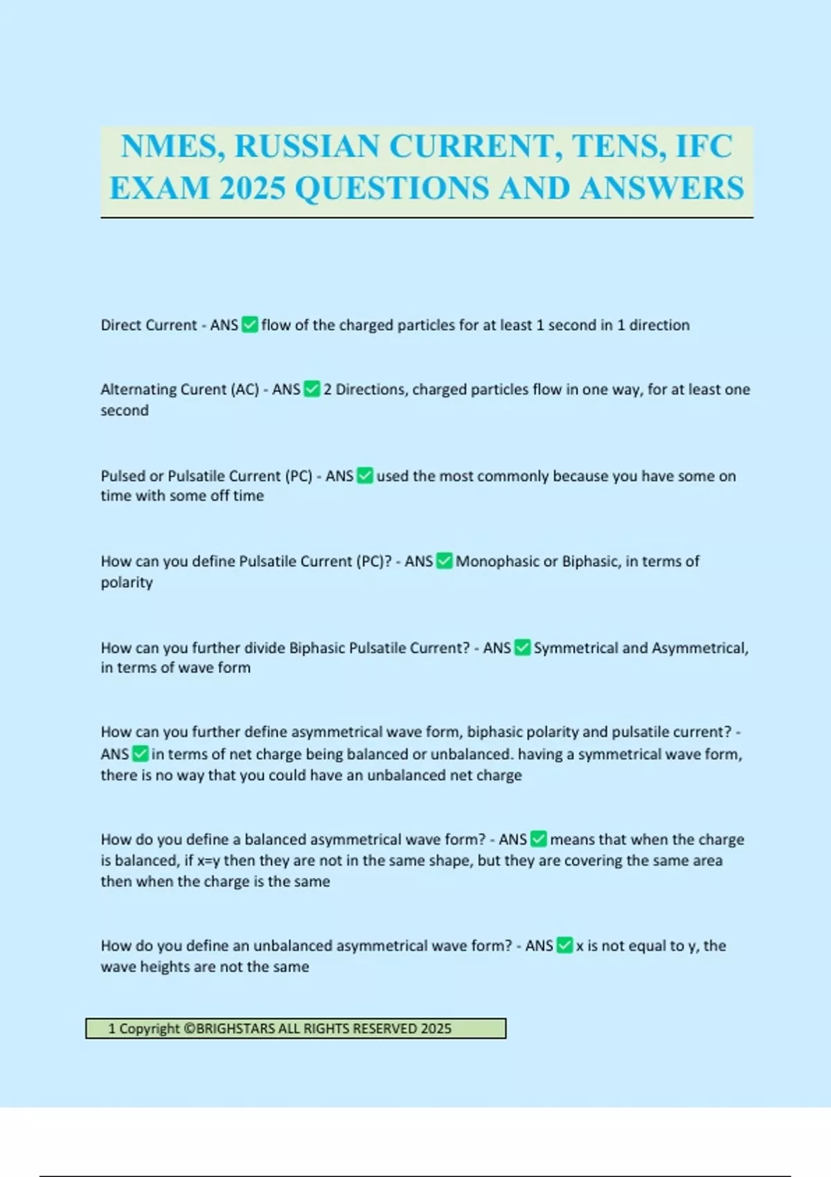 NMES, RUSSIAN CURRENT, TENS, IFC EXAM 2025 QUESTIONS AND ANSWERS - NMES - Stuvia US
