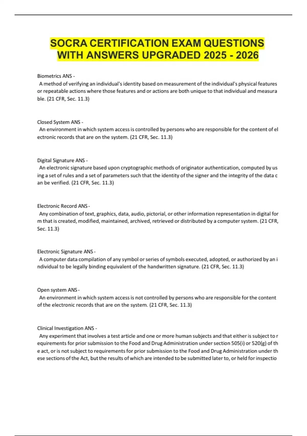 SOCRA CERTIFICATION EXAM QUESTIONS WITH ANSWERS UPGRADED - SOCRA ...