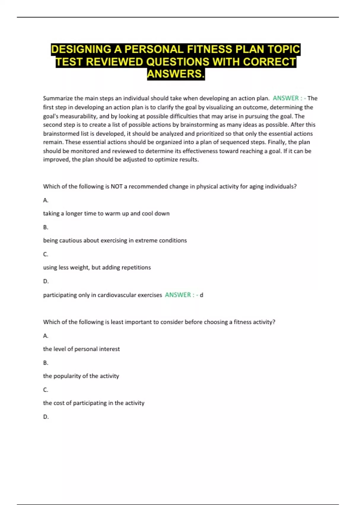DESIGNING A PERSONAL FITNESS PLAN TOPIC TEST REVIEWED QUESTIONS WITH ...