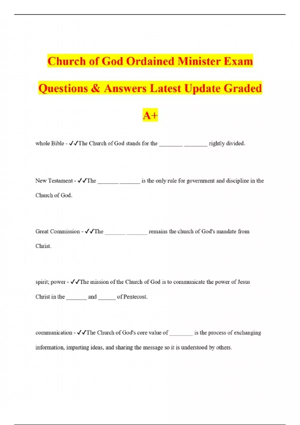 Church of God Ordained Minister Exam Questions & Answers Latest Update ...