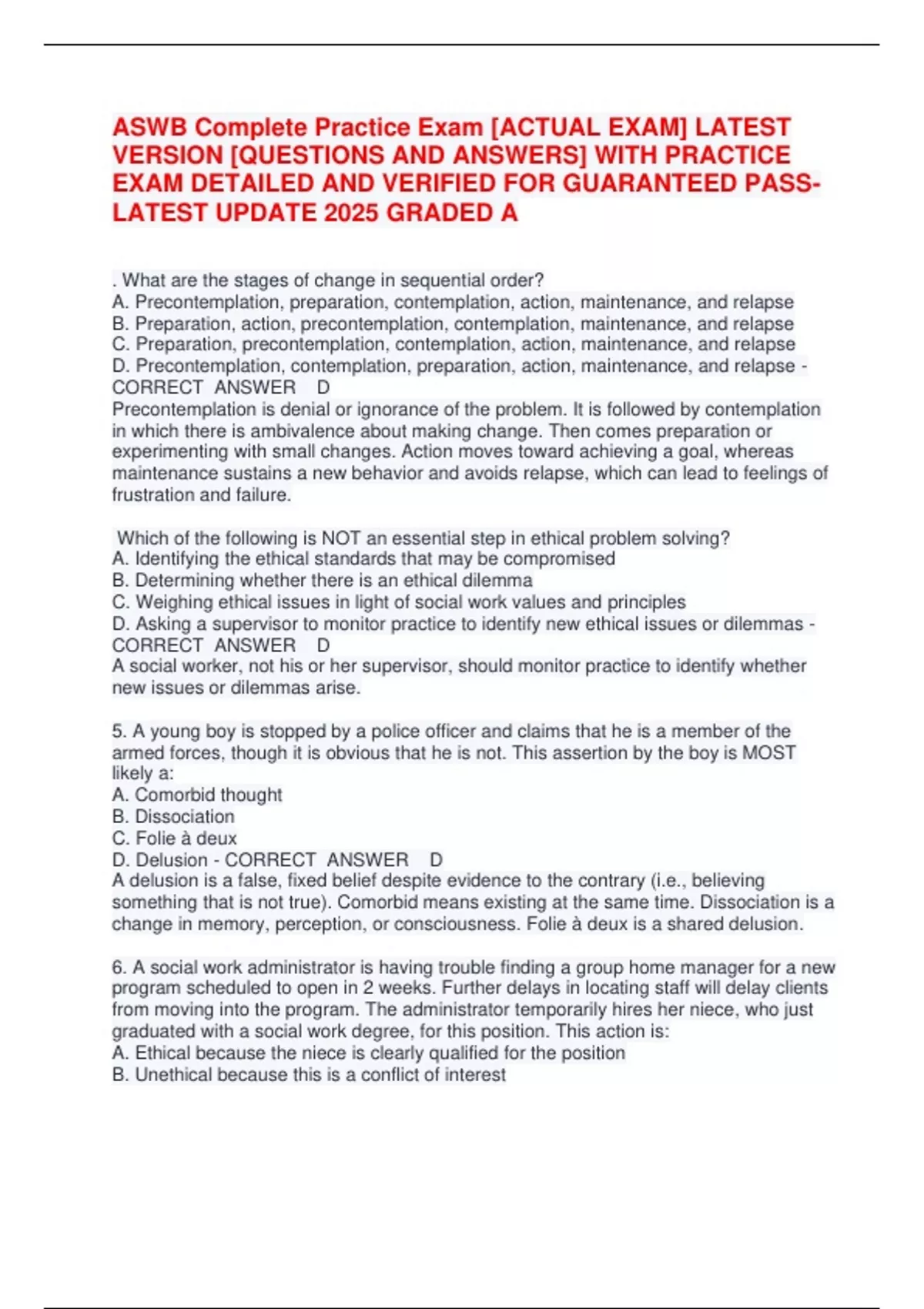 ASWB Complete Practice Exam [ACTUAL EXAM] LATEST VERSION [QUESTIONS AND ...