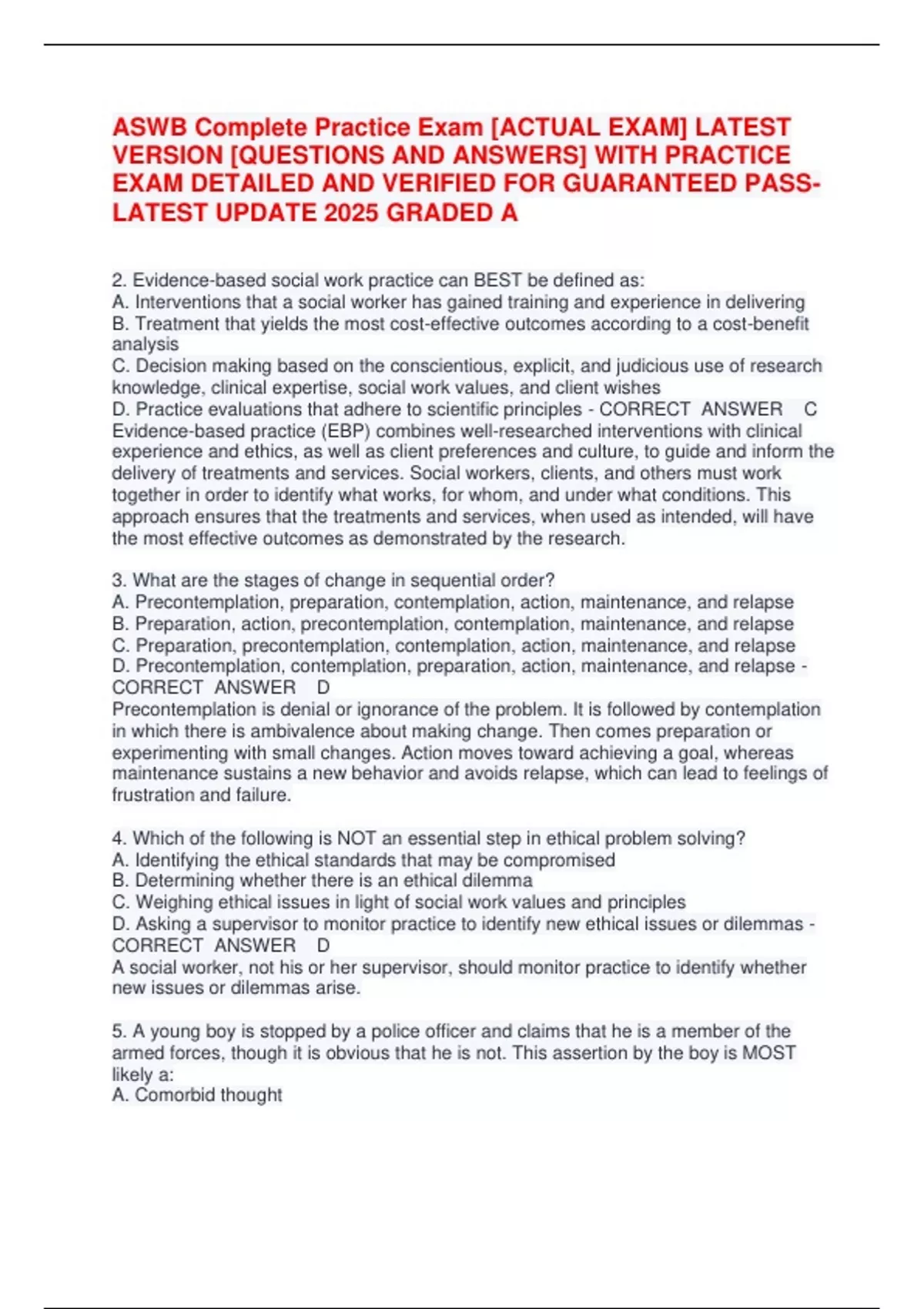 ASWB Complete Practice Exam [ACTUAL EXAM] LATEST VERSION [QUESTIONS AND ...