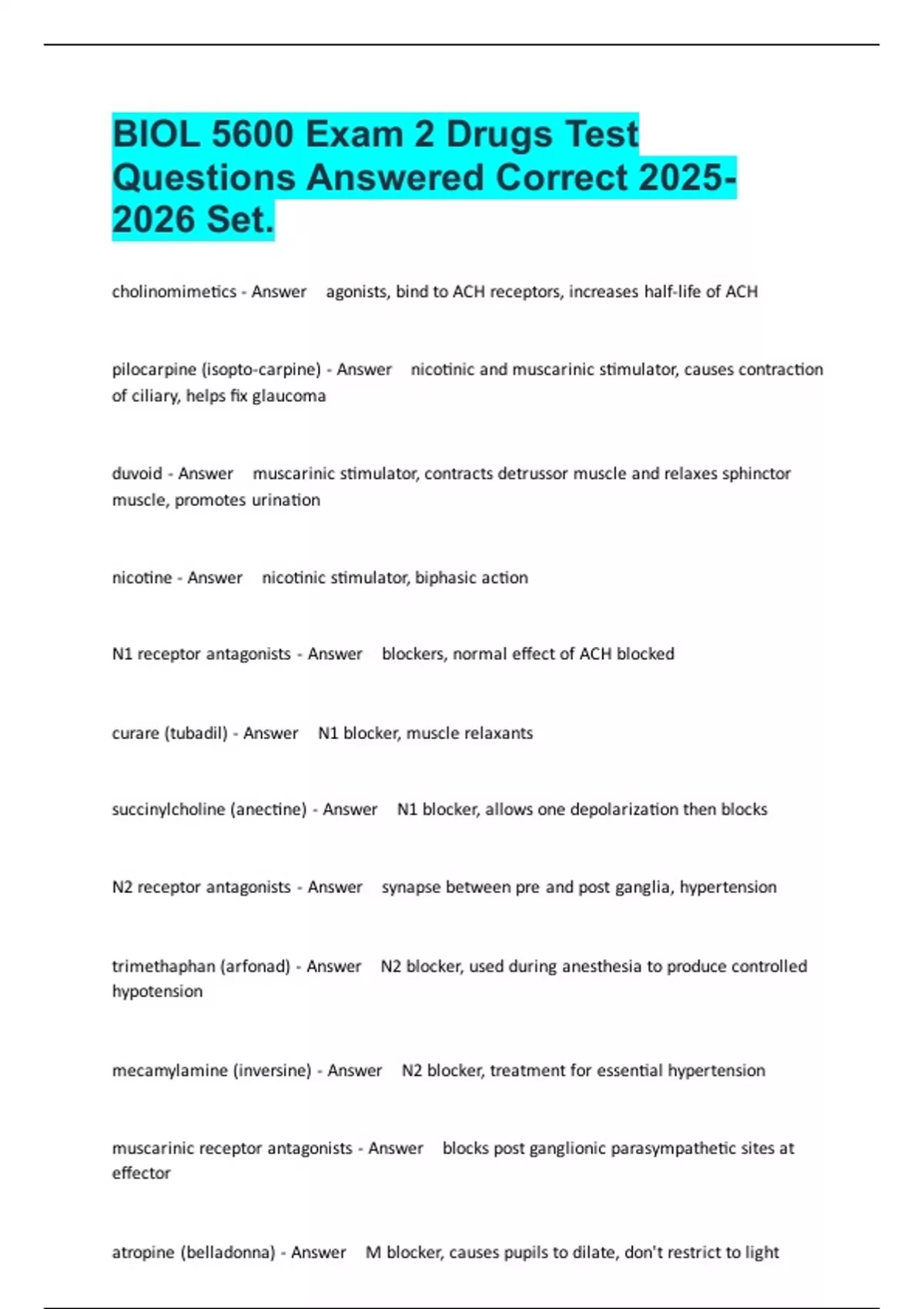 BIOL 5600 Exam 2 Drugs Test Questions Answered Correct Set. - BIOL 5600 ...