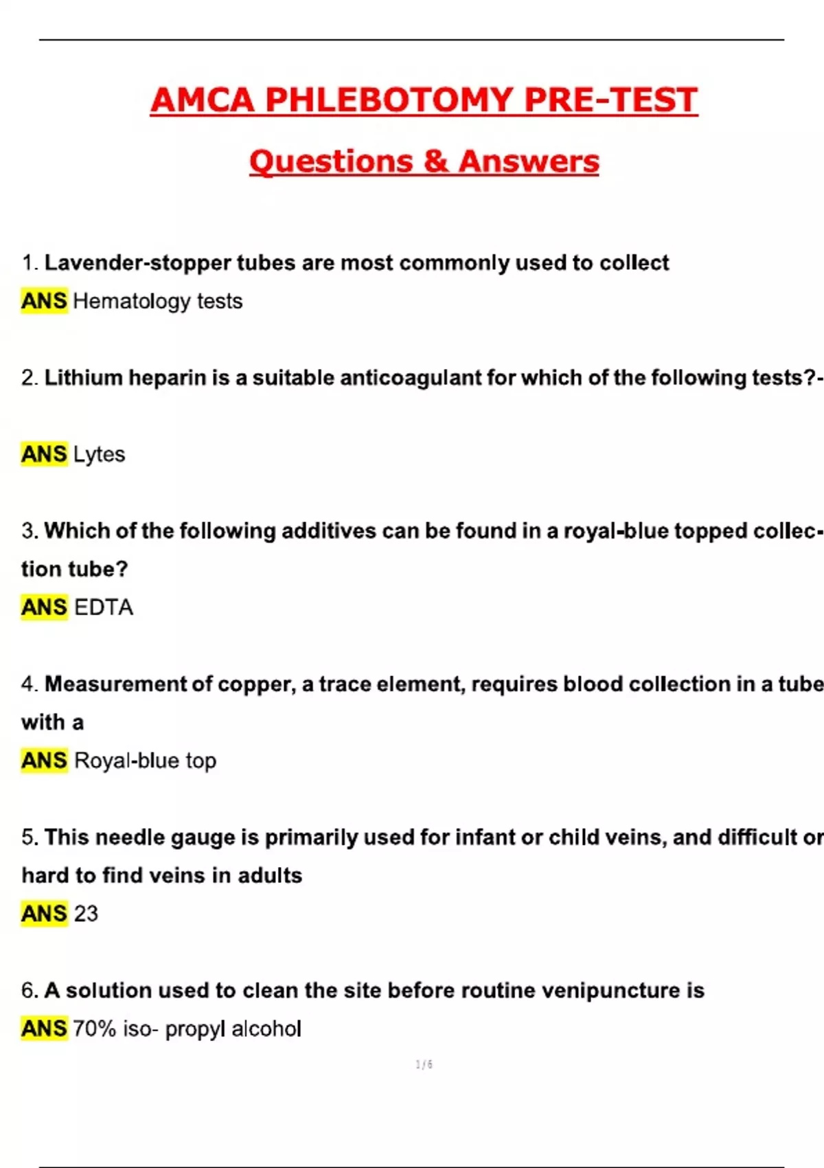 AMCA Phlebotomy Pre-Test 2025 | Actual Exam Questions & Verified ...