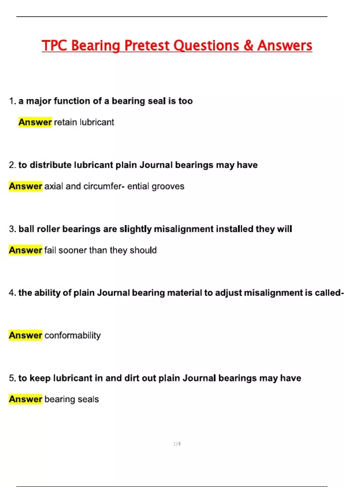 TPC Bearing Pretest 2025 | Actual Exam Questions & Verified Answers ...