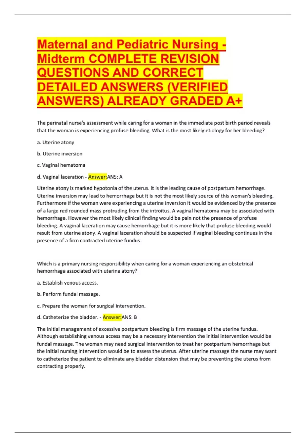 Maternal and Pediatric Nursing Midterm | Verified A+ Questions ...