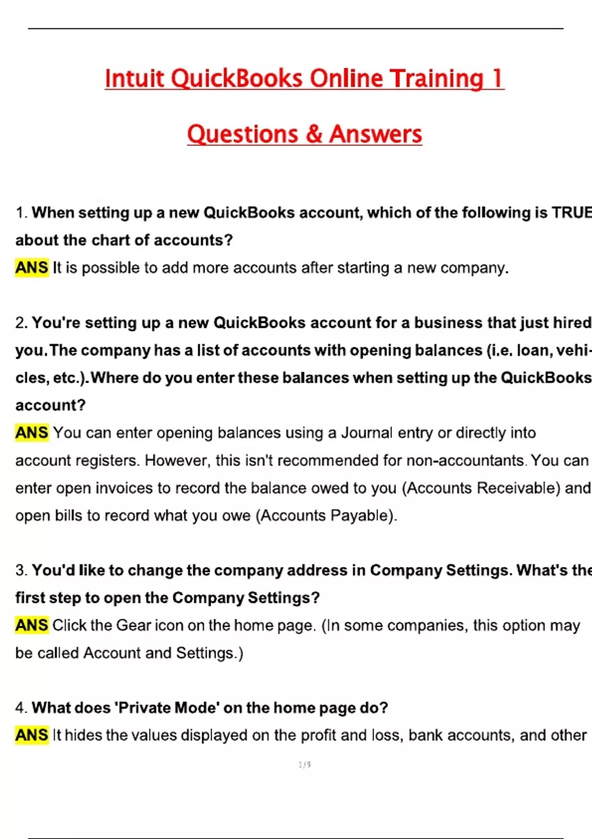 Intuit QuickBooks Online Training 1 Exam 2025 | Actual Exam Questions ...