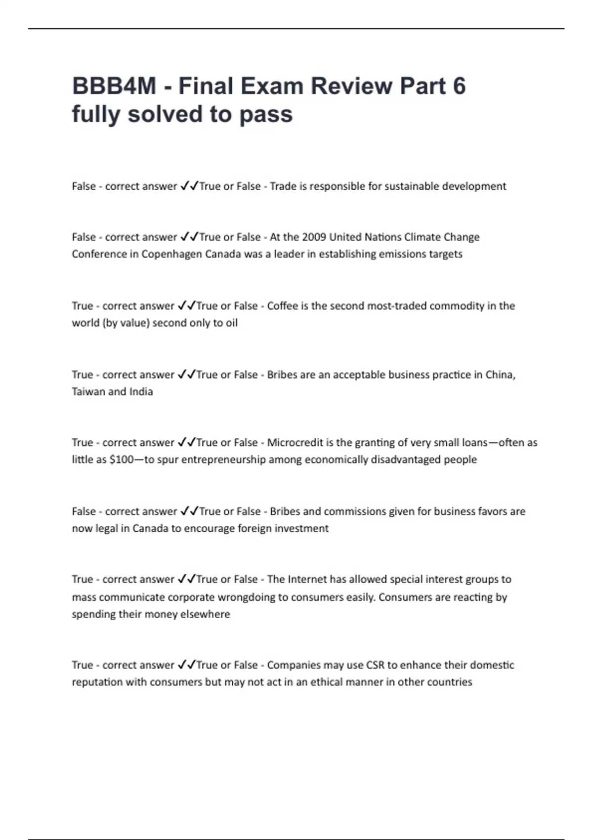 BBB4M - Final Exam Review Part 6 fully solved to pass - BBB4M - Stuvia US