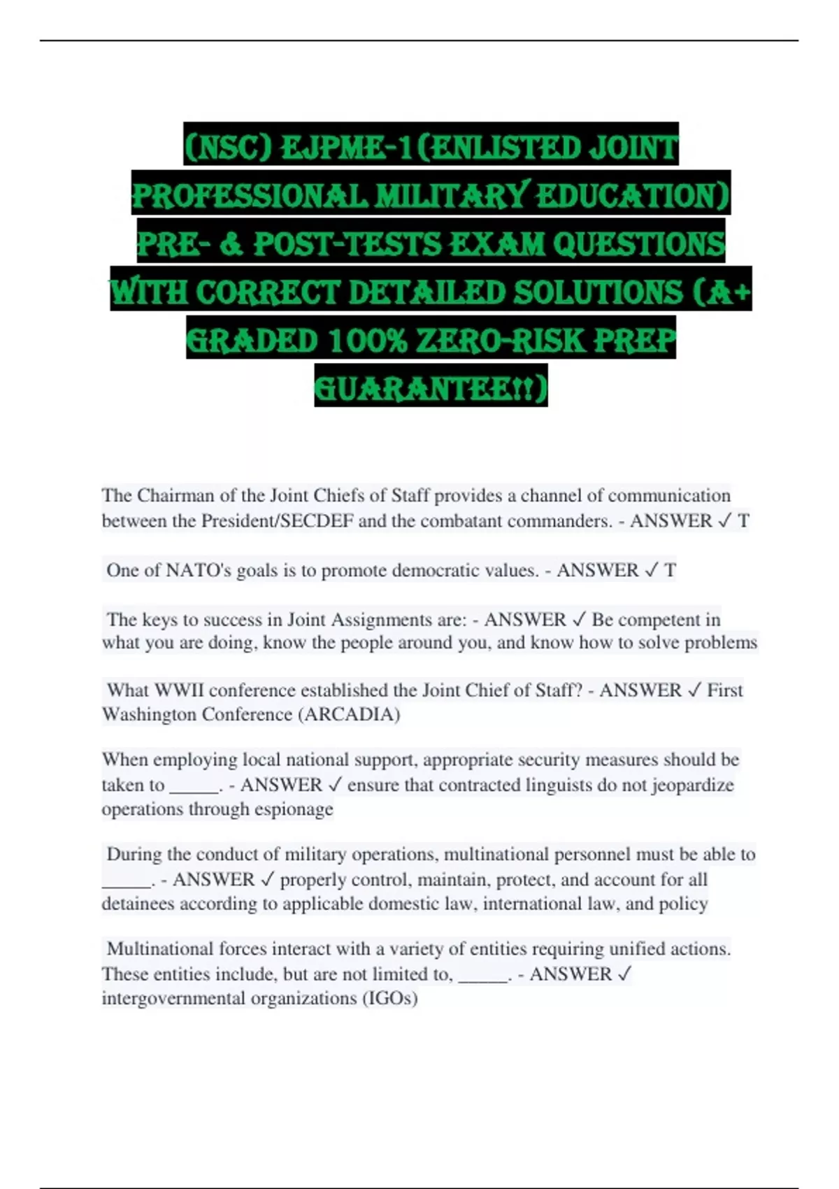 (NSC) EJPME-1(Enlisted Joint Professional Military Education) Pre ...