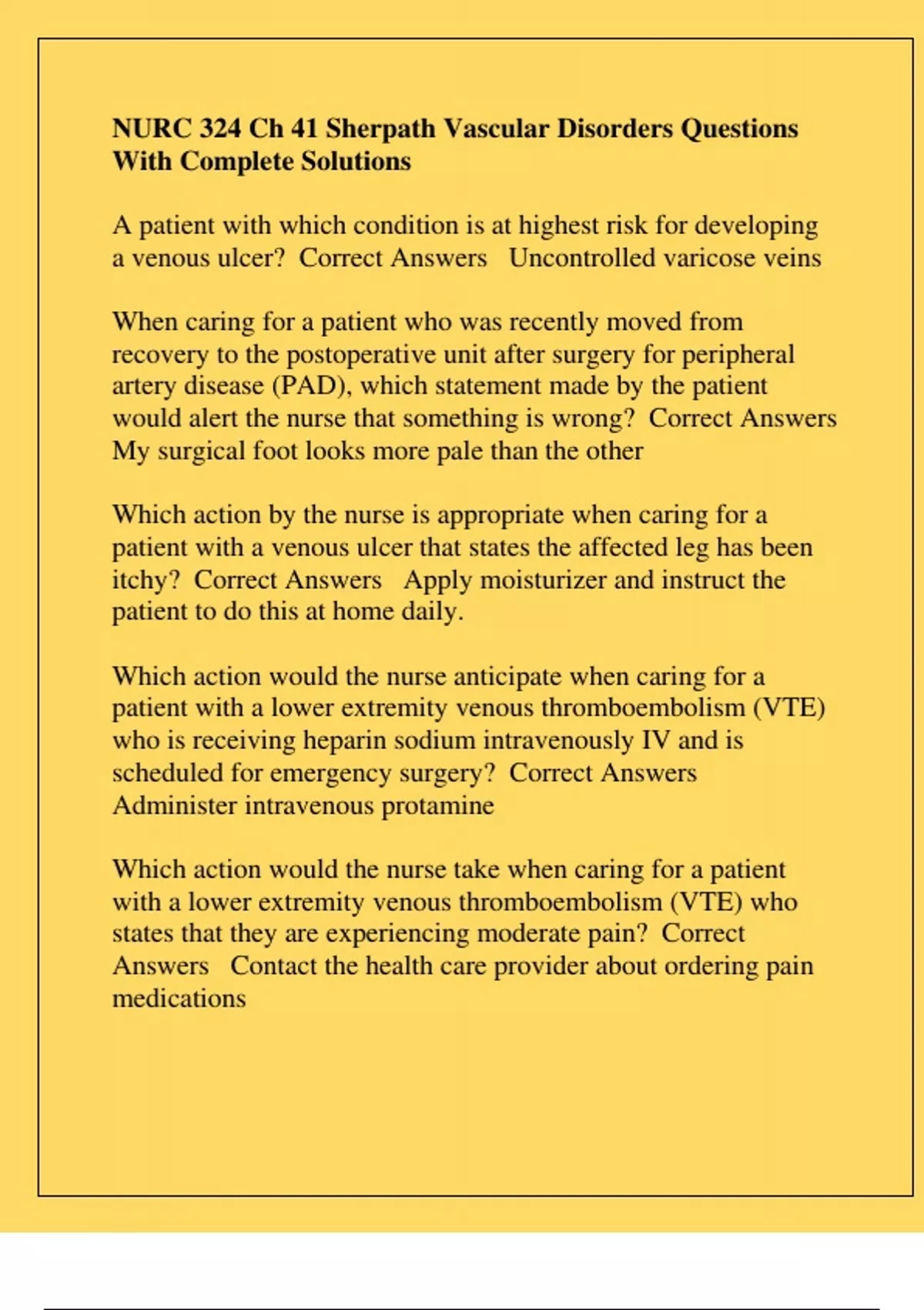NURC 324 Ch 41 Sherpath Vascular Disorders Questions With Complete ...