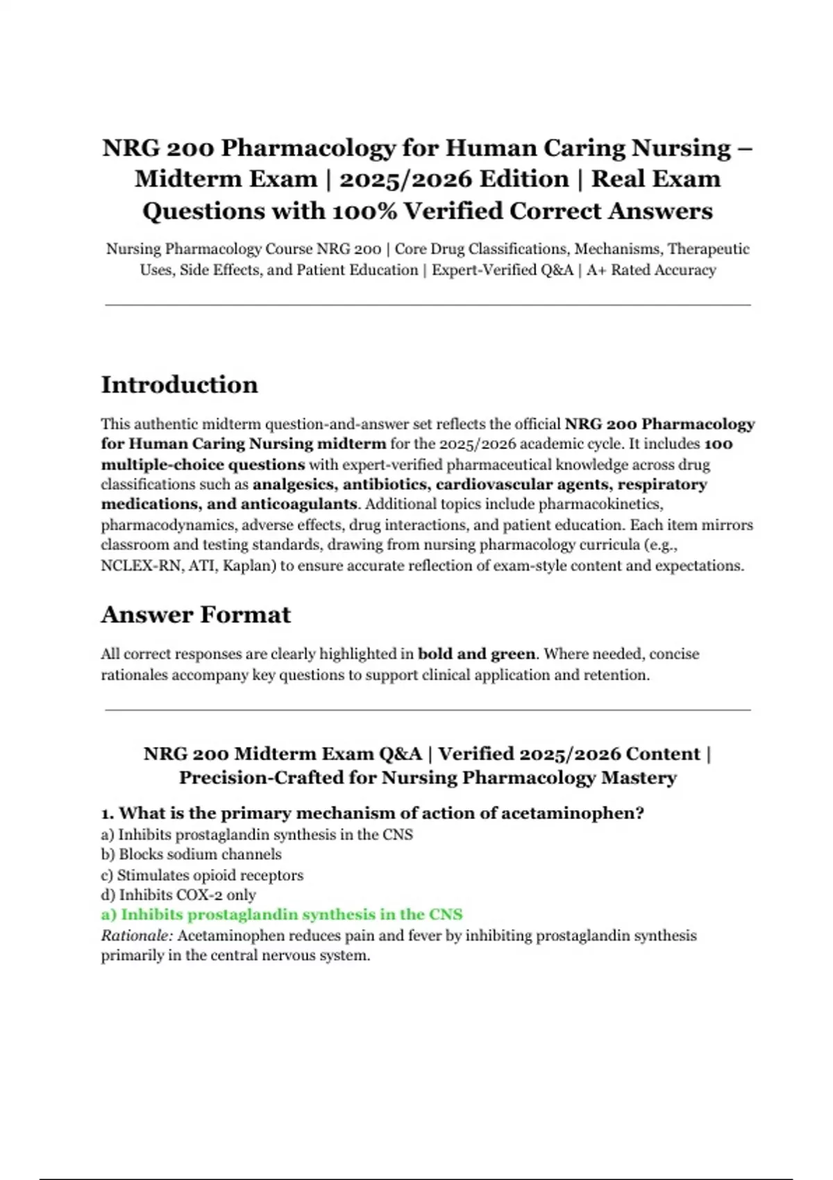NRG 200 Pharmacology for Human Caring Nursing – Midterm Exam (2025/2026 ...