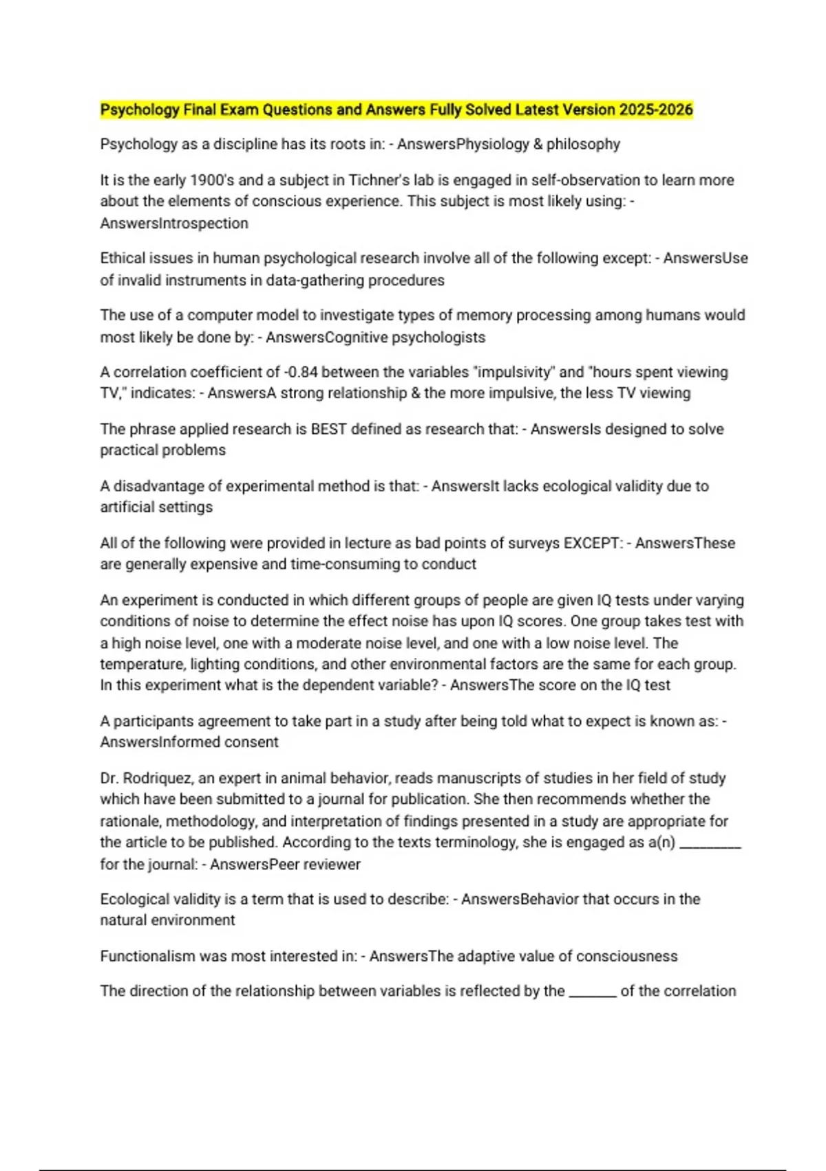 Psychology Final Exam Questions and Answers Fully Solved Latest Version ...