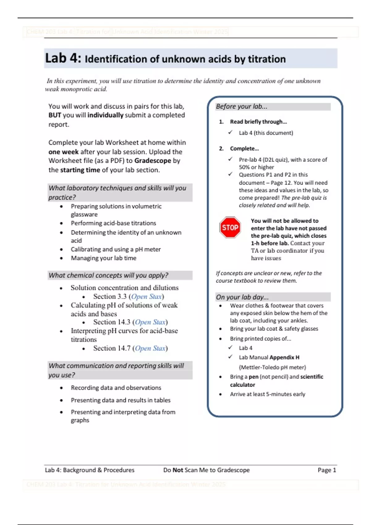 CHEM 203 Lab 4: Titration for Unknown Acid Identification Winter 2025 - CHEM 203 Lab 4 ...