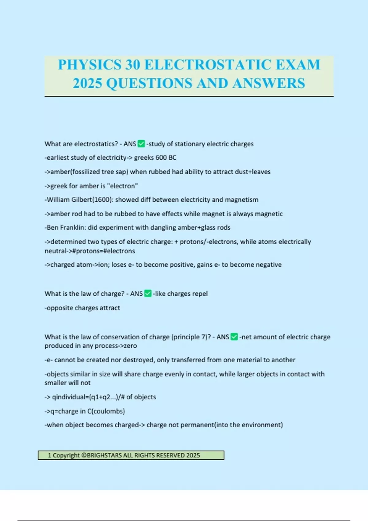 PHYSICS 30 ELECTROSTATIC EXAM 2025 QUESTIONS AND ANSWERS - PHYSICS 30 ...