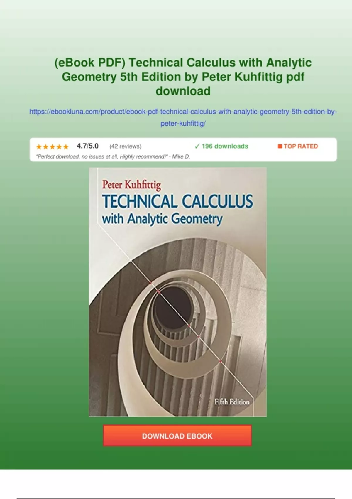 Summary (eBook PDF) Technical Calculus with Analytic Geometry 5th ...