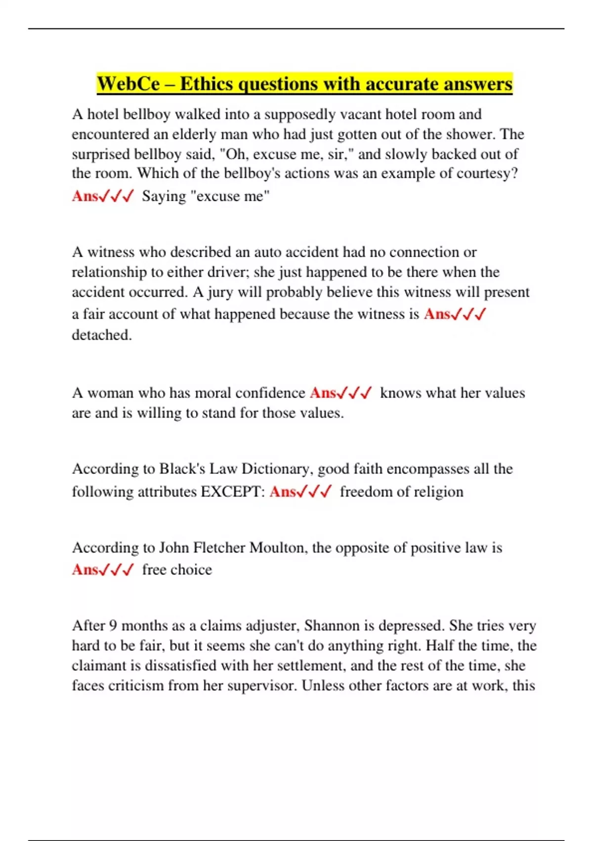 WebCe – Ethics questions with accurate answers - WebCE - Stuvia US