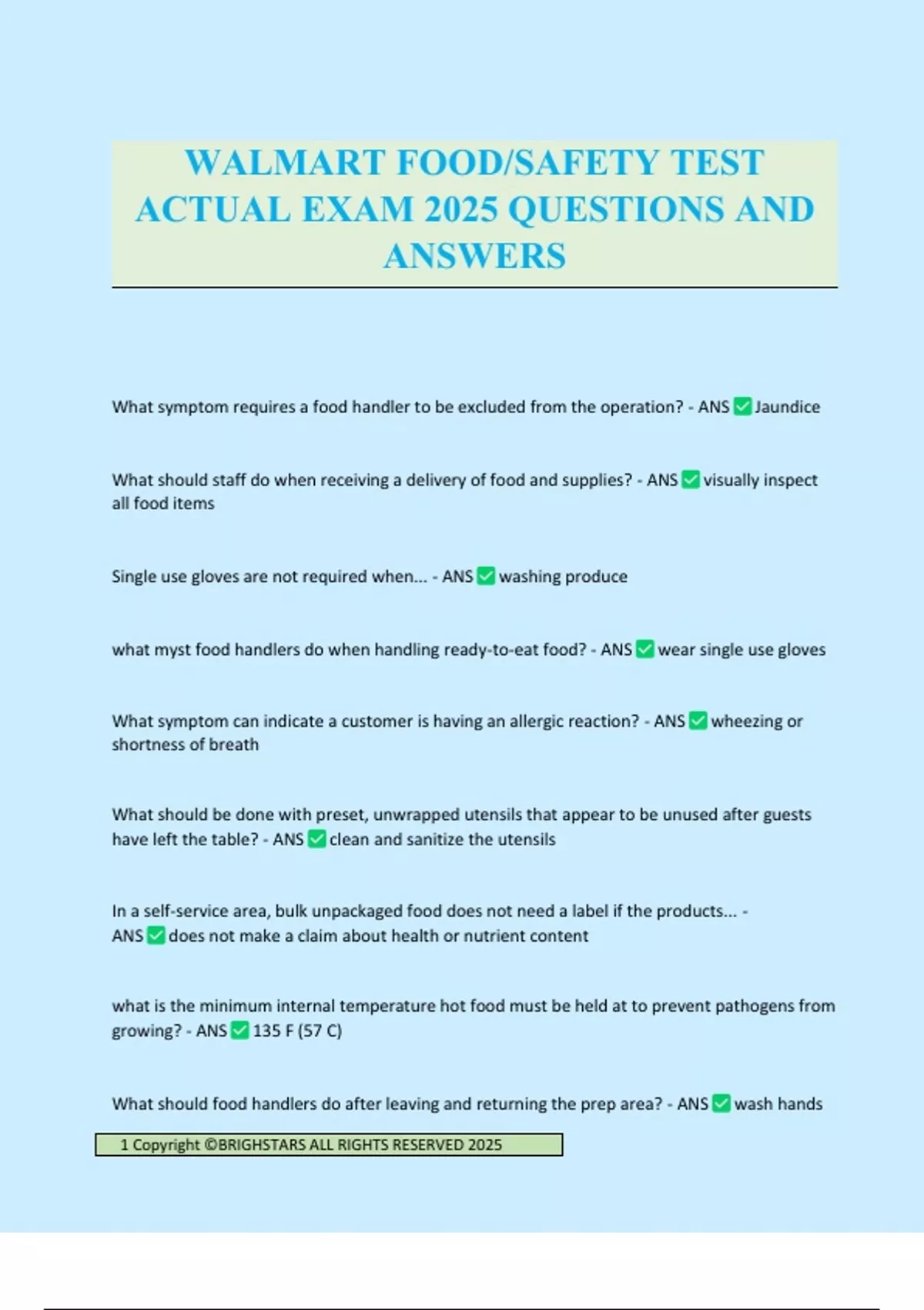 WALMART FOOD/SAFETY TEST ACTUAL EXAM 2025 QUESTIONS AND ANSWERS ...