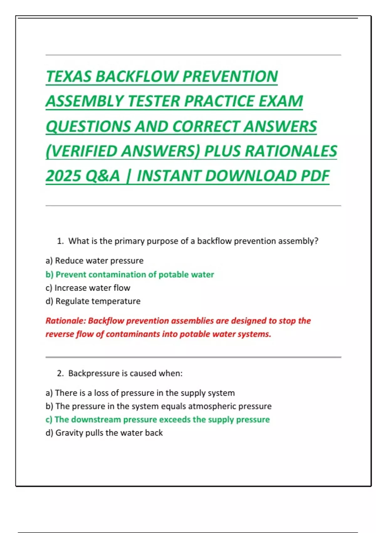 TEXAS BACKFLOW PREVENTION ASSEMBLY TESTER PRACTICE EXAM QUESTIONS AND ...