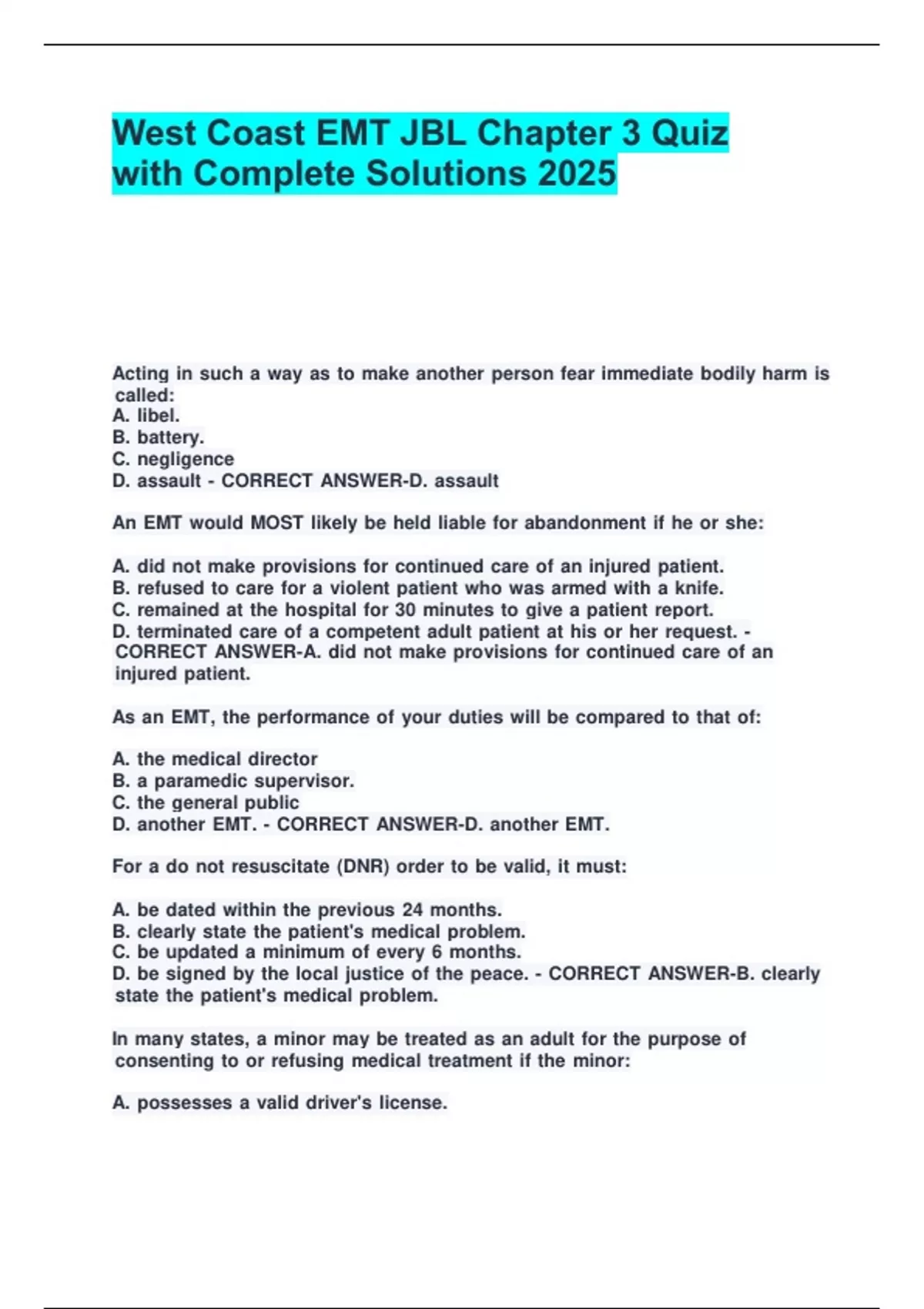 West Coast EMT JBL Chapter 3 Quiz with Complete Solutions 2025. - EMT block 3 - Stuvia US