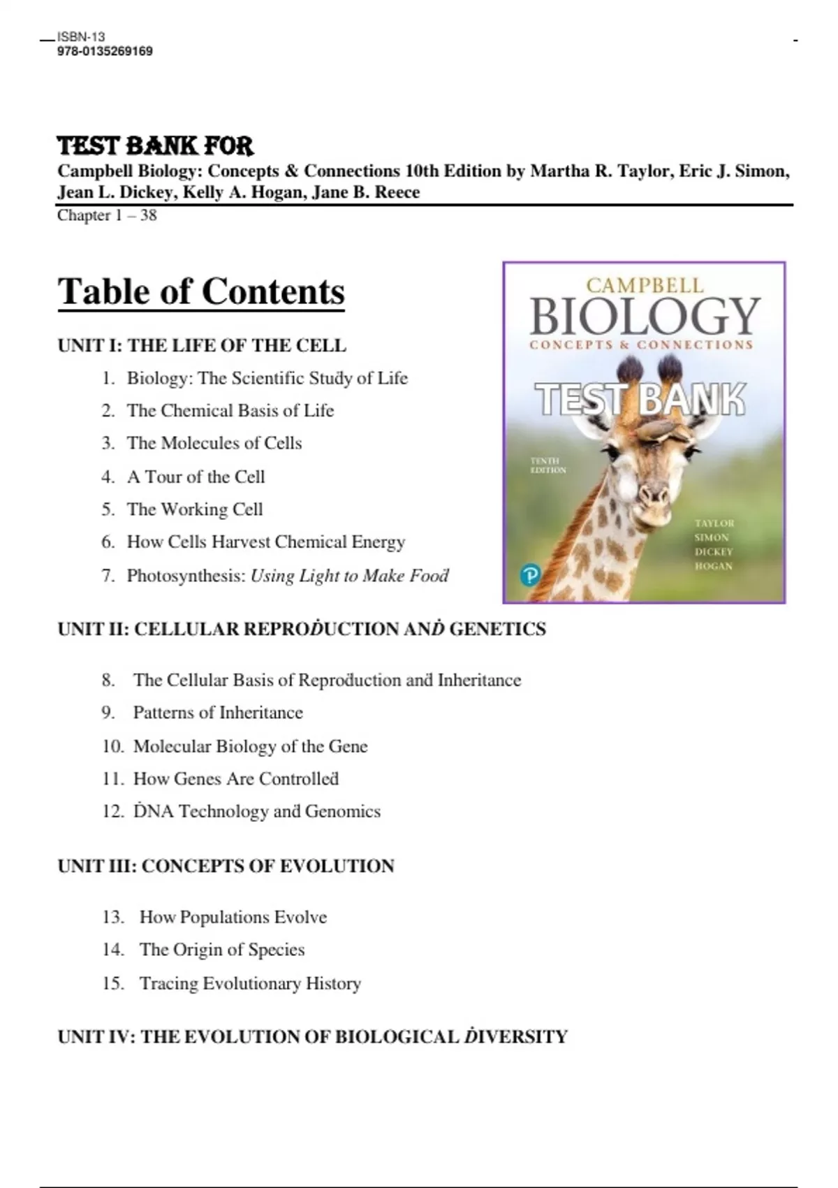 Test Bank for Campbell Biology: Concepts & Connections – 10th Rental ...