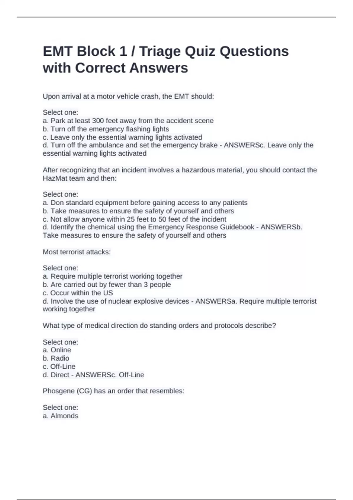 EMT Block 1 / Triage Quiz Questions with Correct Answers - EMT Block 1 ...