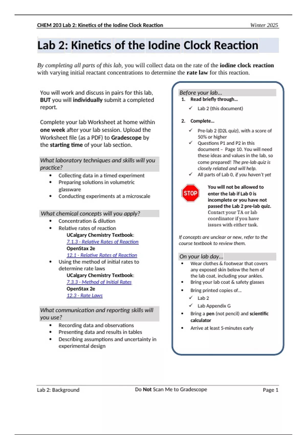 W25 CHEM 203 Lab 2: Kinetics of the Iodine Clock Reaction Guide - W25 ...
