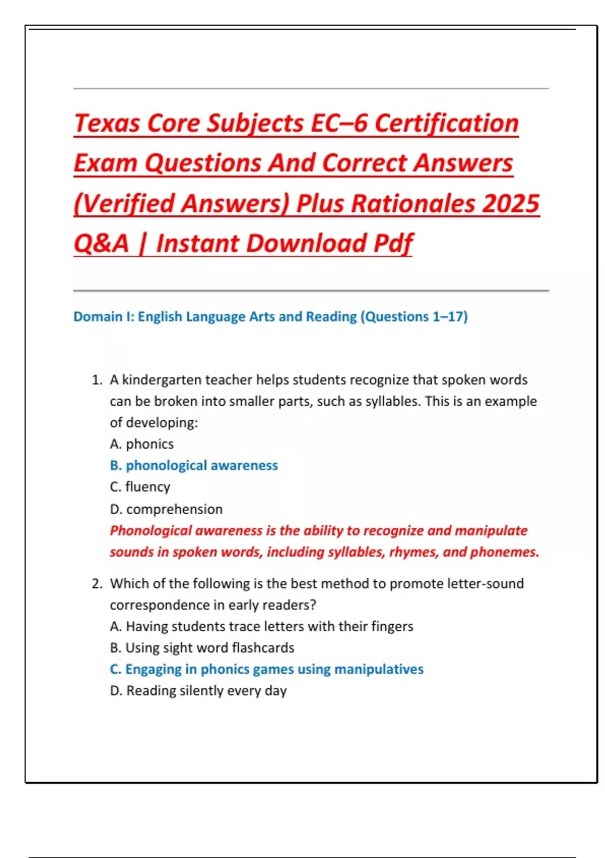 Texas Core Subjects EC–6 Certification Exam Questions And Correct ...