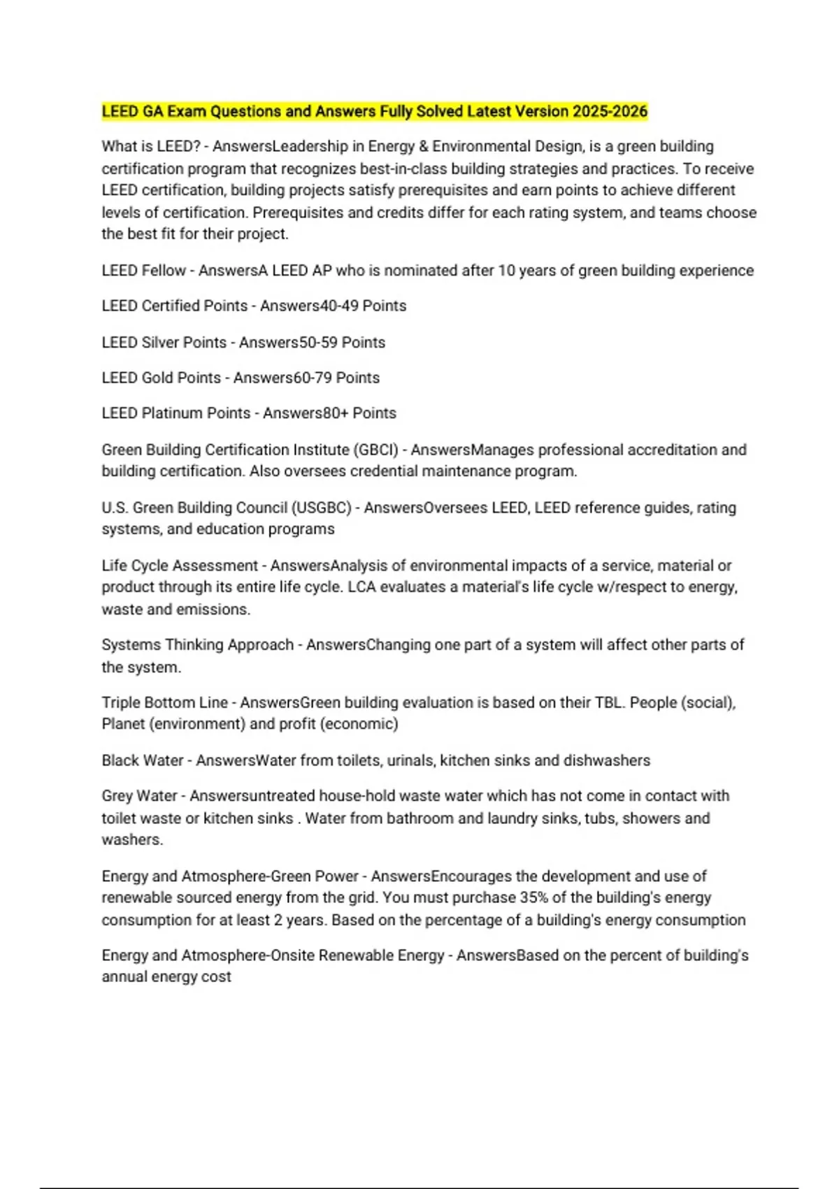 LEED GA Exam Questions and Answers Fully Solved Latest Version - LEED ...