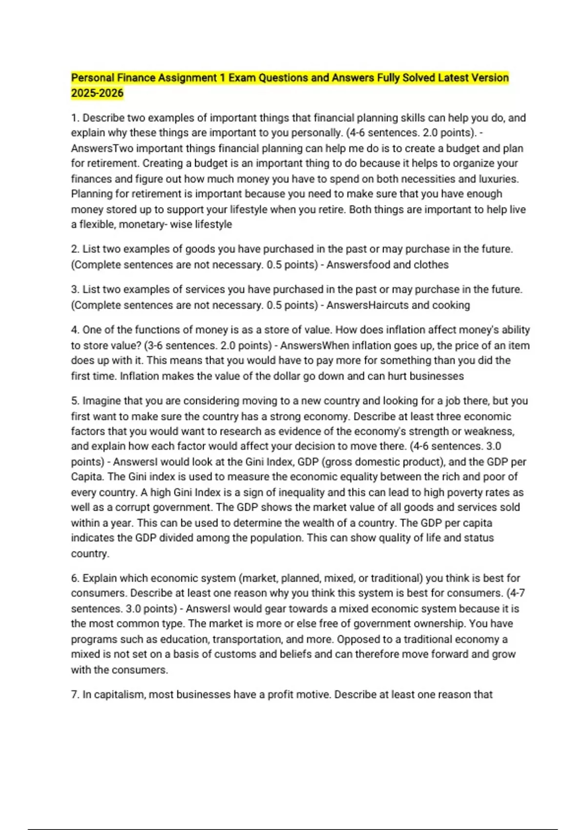 Personal Finance Assignment 1 Exam Questions and Answers Fully Solved ...