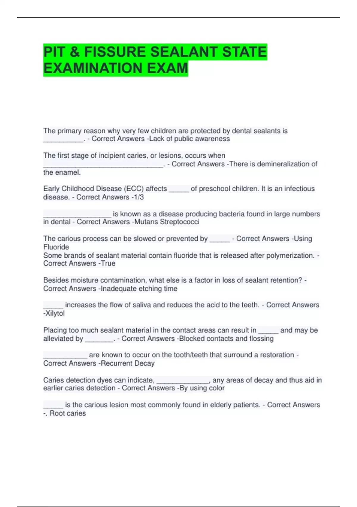 PIT & FISSURE SEALANT STATE EXAMINATION EXAM QUESTIONS AND ANSWERS | GRADED A - DENTAL SEALANTS ...