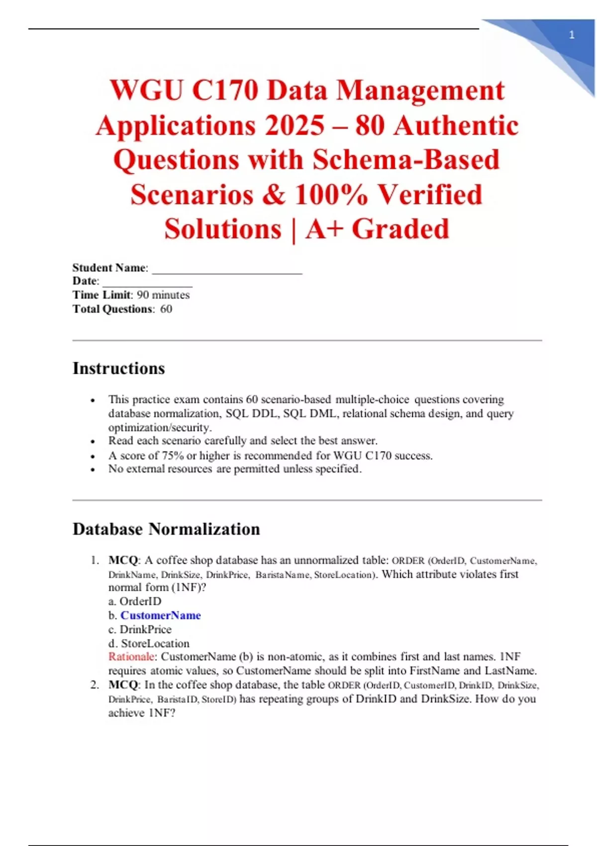 WGU C170 Data Management Applications 2025 – 80 Authentic Questions ...