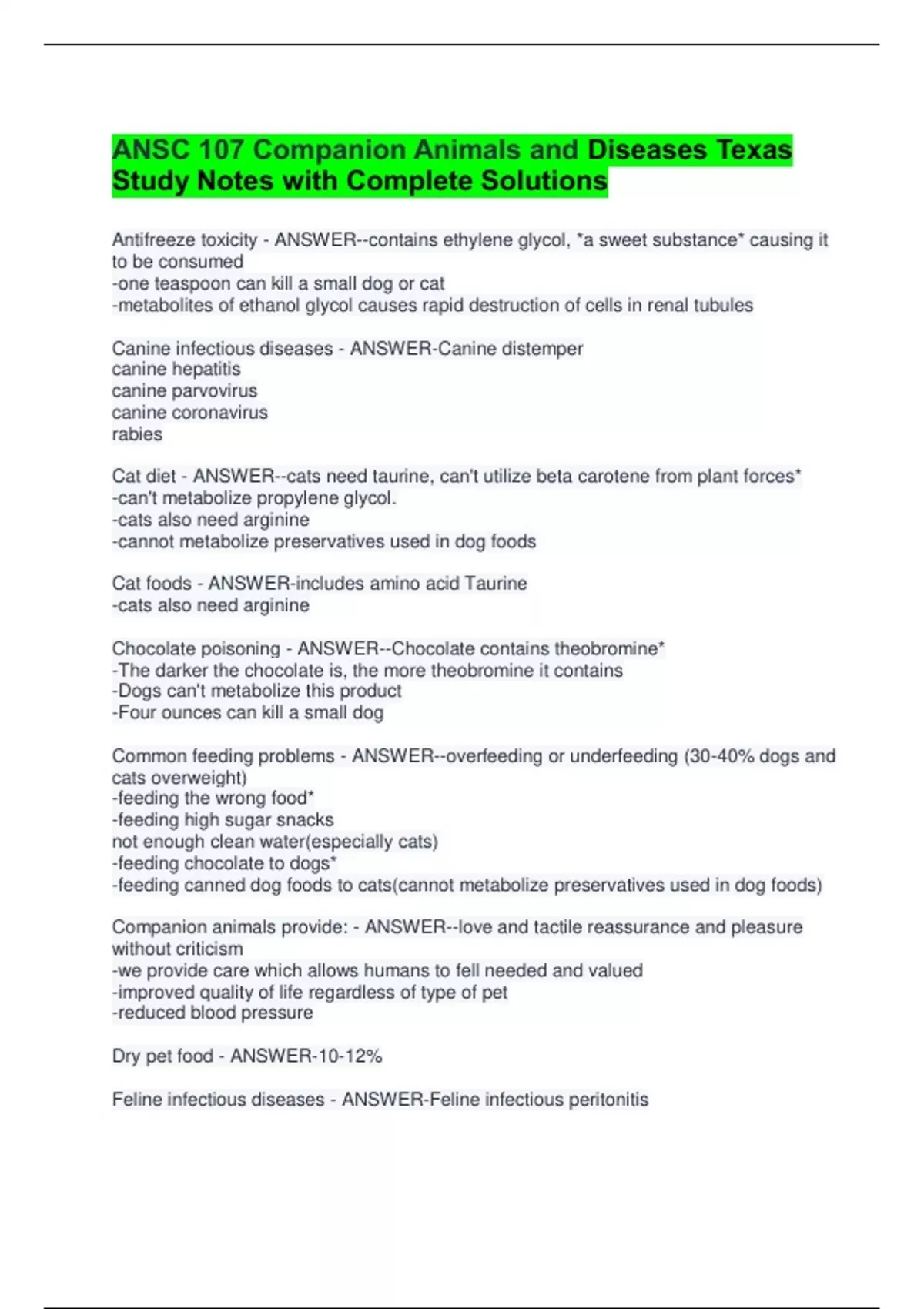 ANSC 107 Companion Animals and Diseases Texas Study Notes with Complete ...