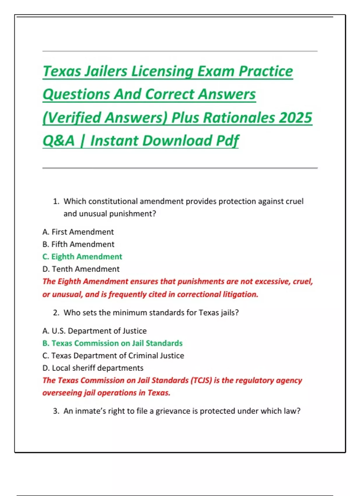 Texas Jailers Licensing Exam Practice Questions And Correct Answers ...