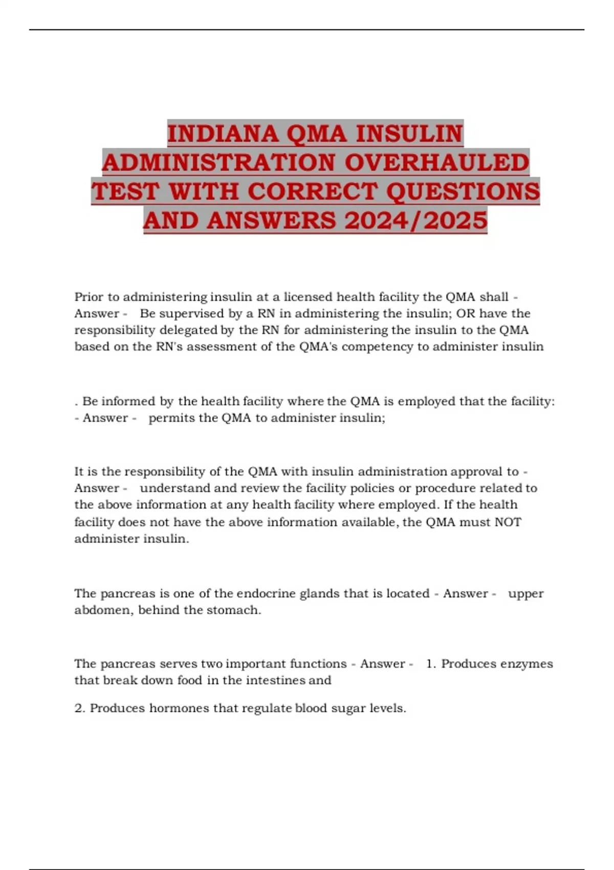 Indiana QMA Insulin Administration – Overhauled Test with Correct ...
