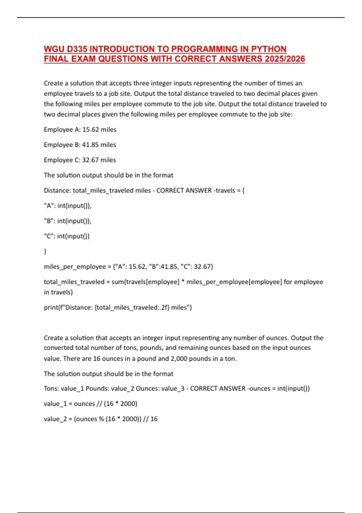 WGU D335 INTRODUCTION TO PROGRAMMING IN PYTHON FINAL EXAM QUESTIONS WITH CORRECT ANSWERS 2025/ ...