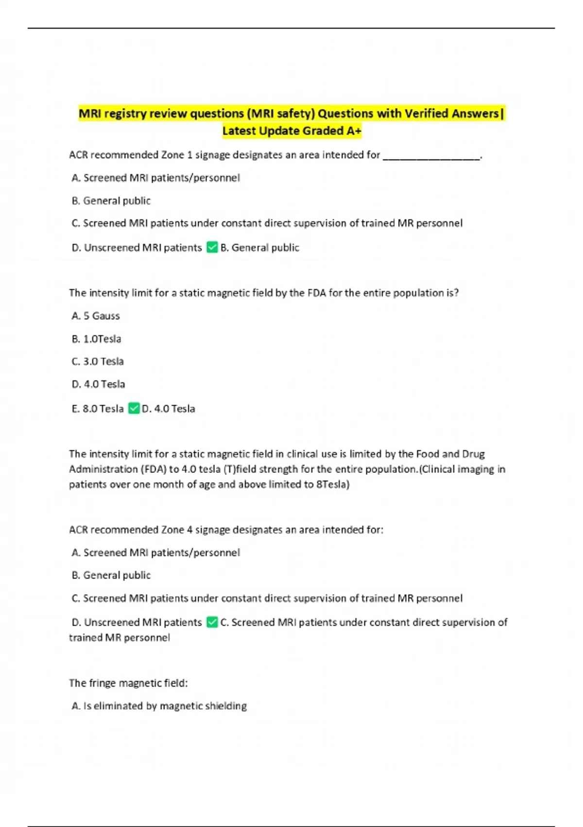 MRI registry review questions (MRI safety) Questions with Verified ...