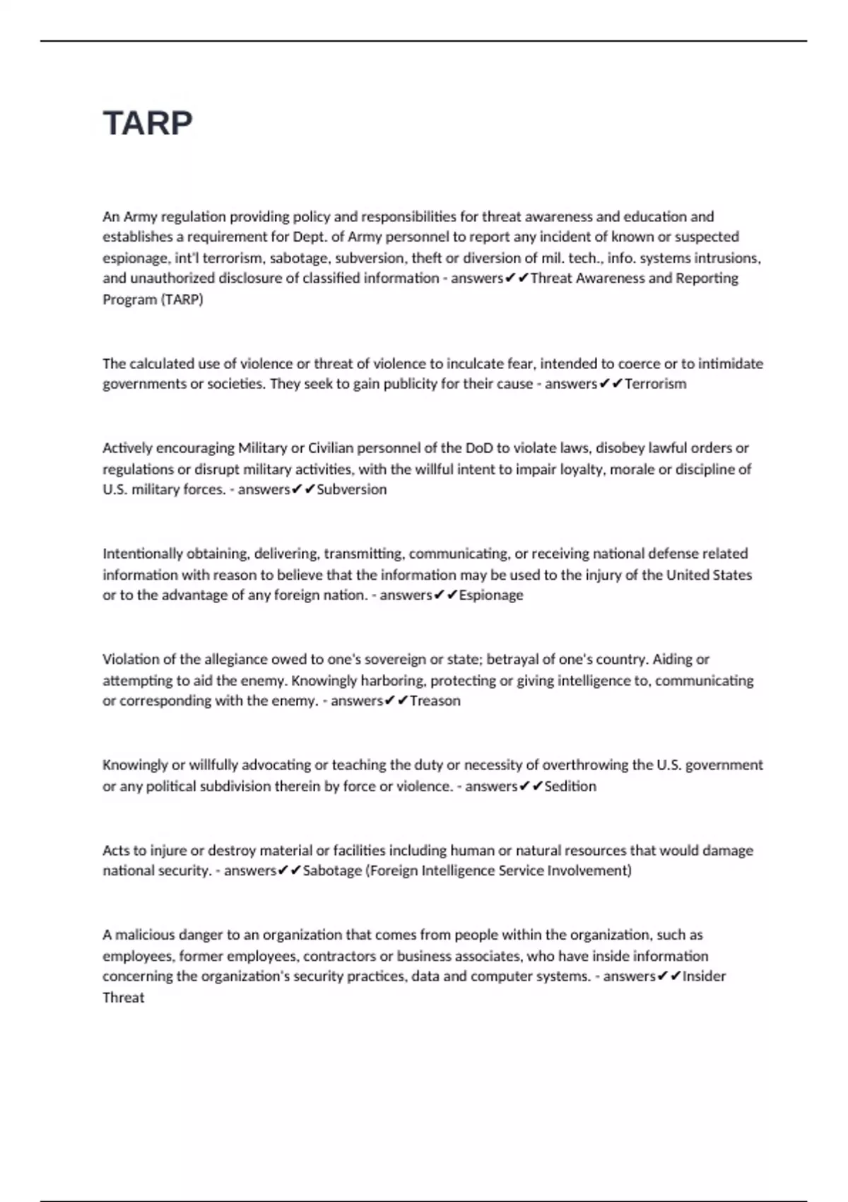 TARP TRAINING questions and answers - TARP - Stuvia US