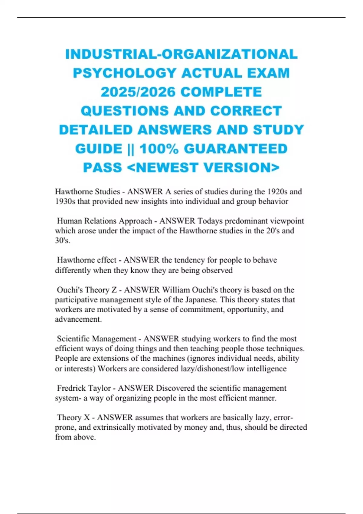 INDUSTRIAL-ORGANIZATIONAL PSYCHOLOGY ACTUAL EXAM 2025/2026 COMPLETE ...