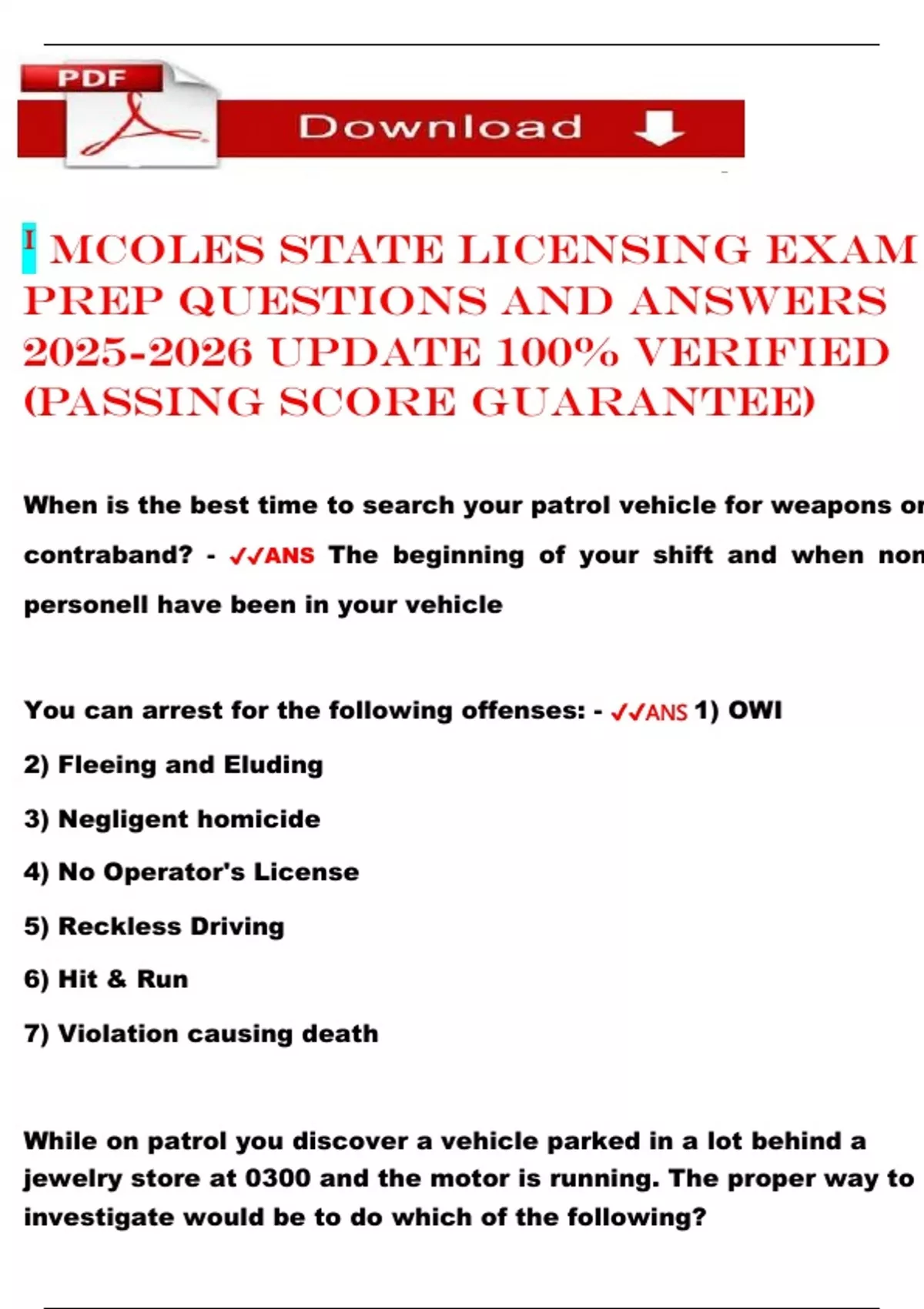 MCOLES State Licensing Exam Prep questions and answers update 100% ...
