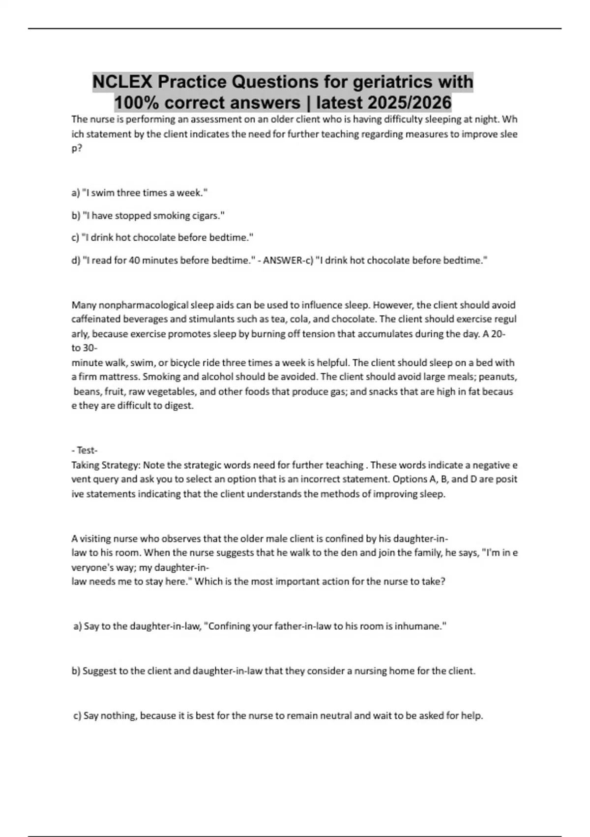 NCLEX Practice Questions for geriatrics with 100% correct answers ...
