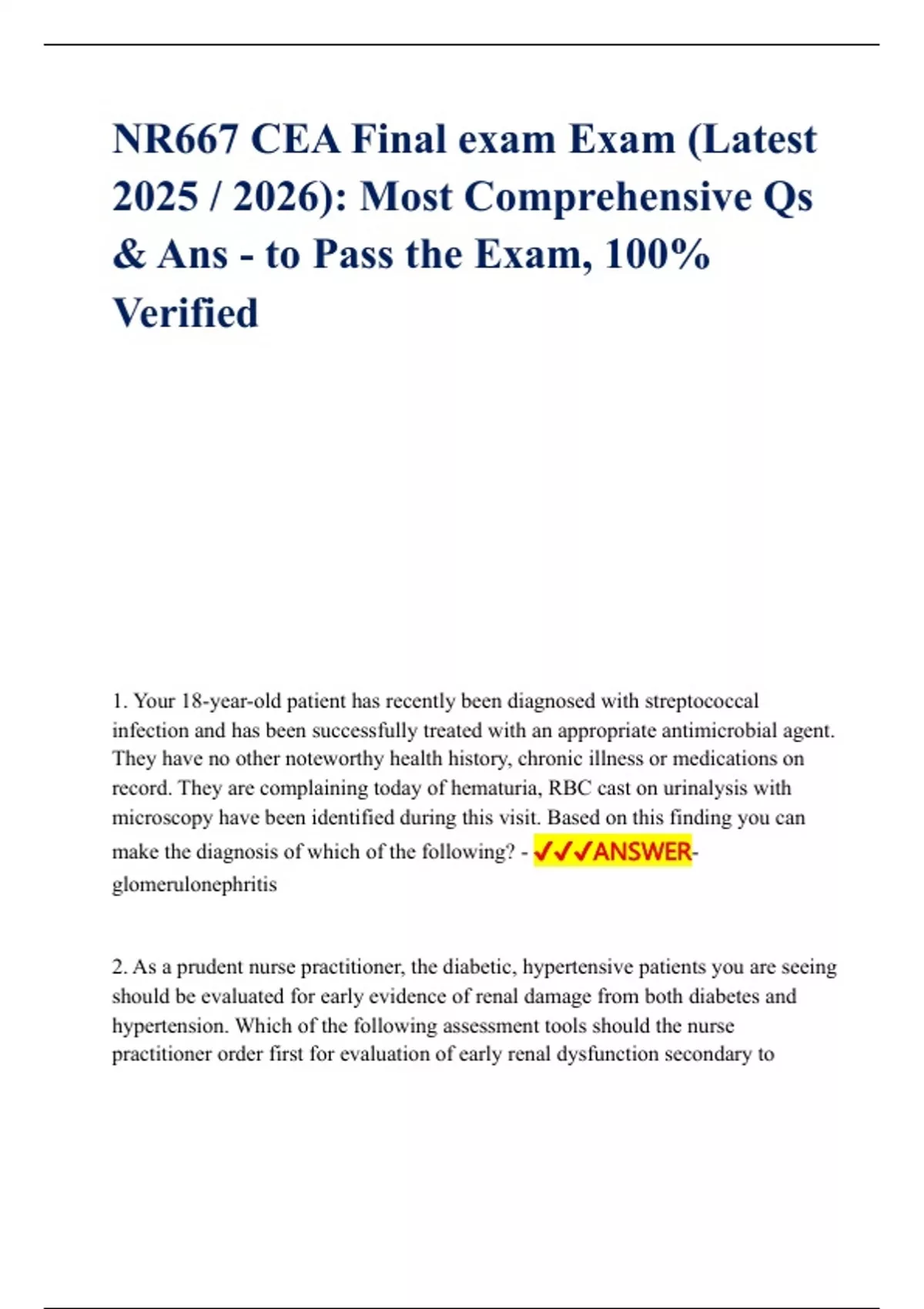 NR667 CEA Final exam Exam (Latest 2025 / 2026): Most Comprehensive Qs ...